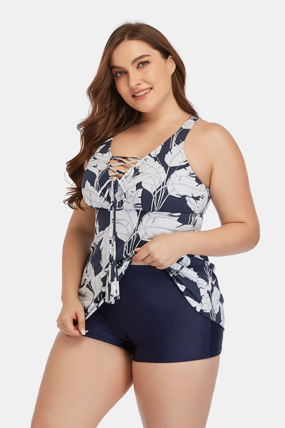 Plus Size Botanical Print Lace-Up Two-Piece Swim Set – La Boutique Dacula