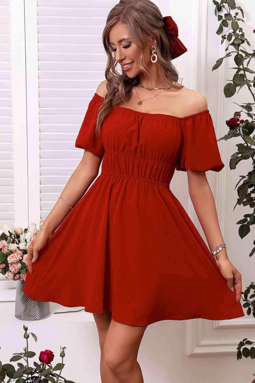 Off-Shoulder A-Line Mini Dress – La Boutique Dacula