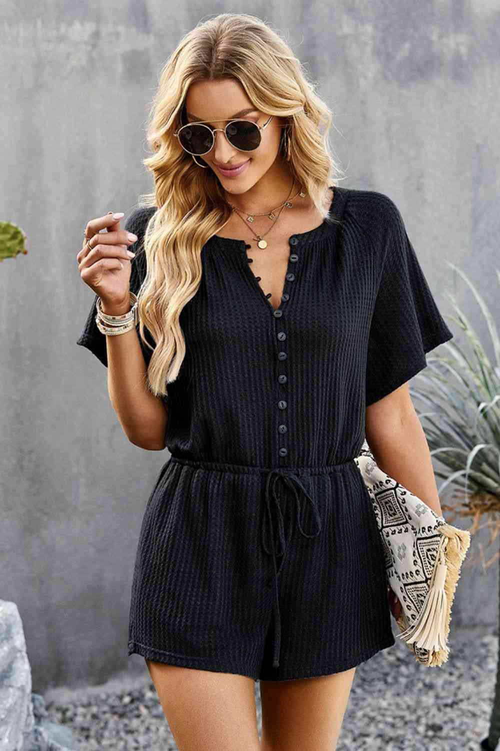 Waffle-Knit Drawstring Waist Romper – La Boutique Dacula